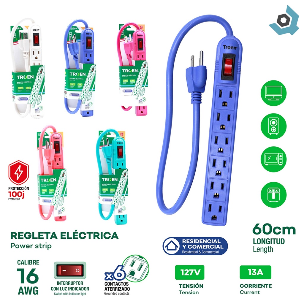 REGLETA ELECTRICA 6 TOMAS CON TIERRA TROEN | Litani Import Export
